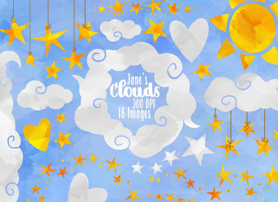 Watercolor Stars and Clouds Clipart Star Borders Download - Etsy