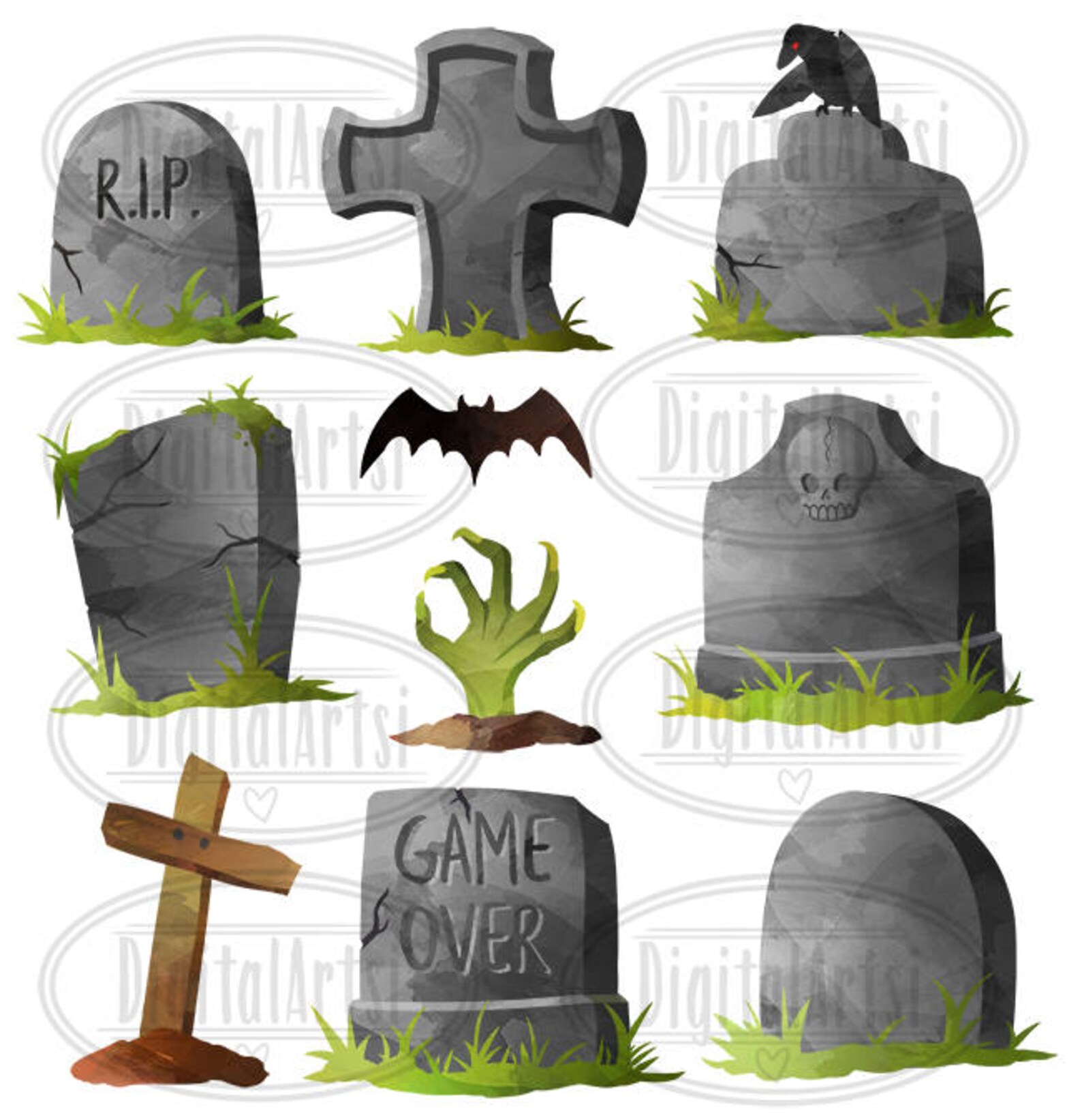 Watercolor Tombstones Clipart Halloween Items Download - Etsy