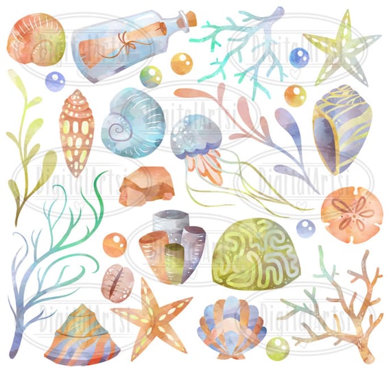 Paper, Party & Kids seahorse starfish beach nautical waves Watercolor ...
