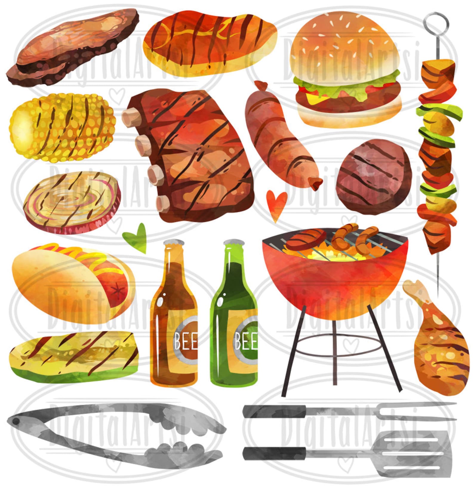Watercolor BBQ Clipart Barbeque Items Download Instant Download Grill ...