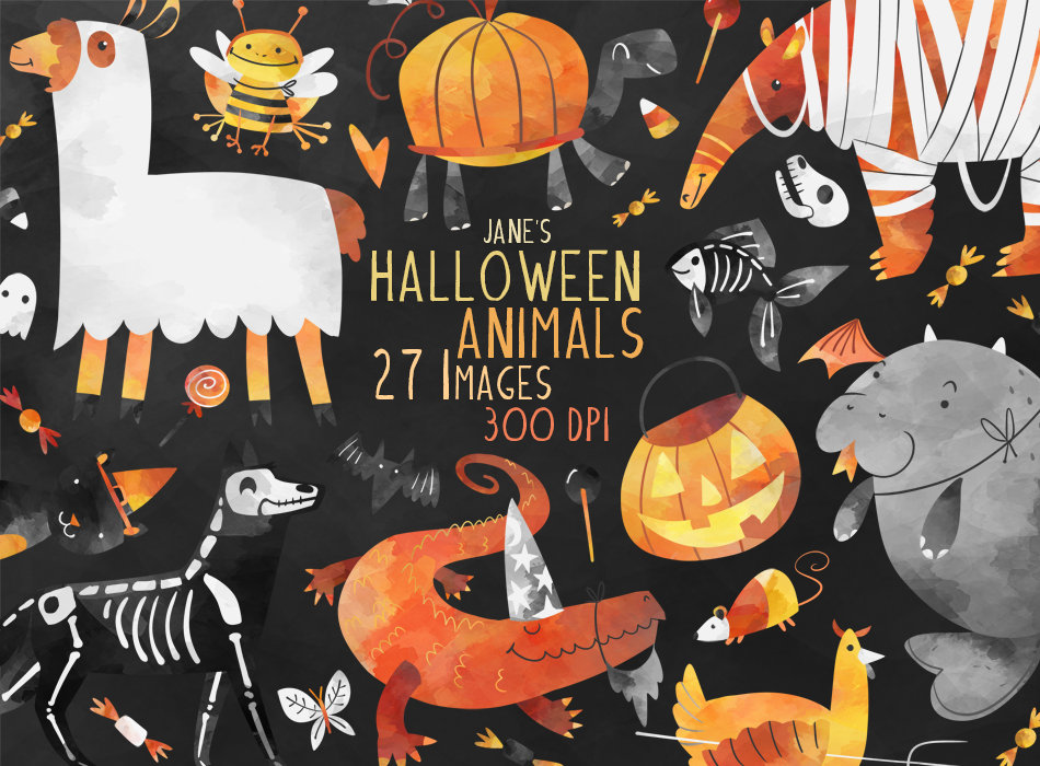 Watercolor Halloween Animals Clipart: 27 PNG Images (digital Download ...
