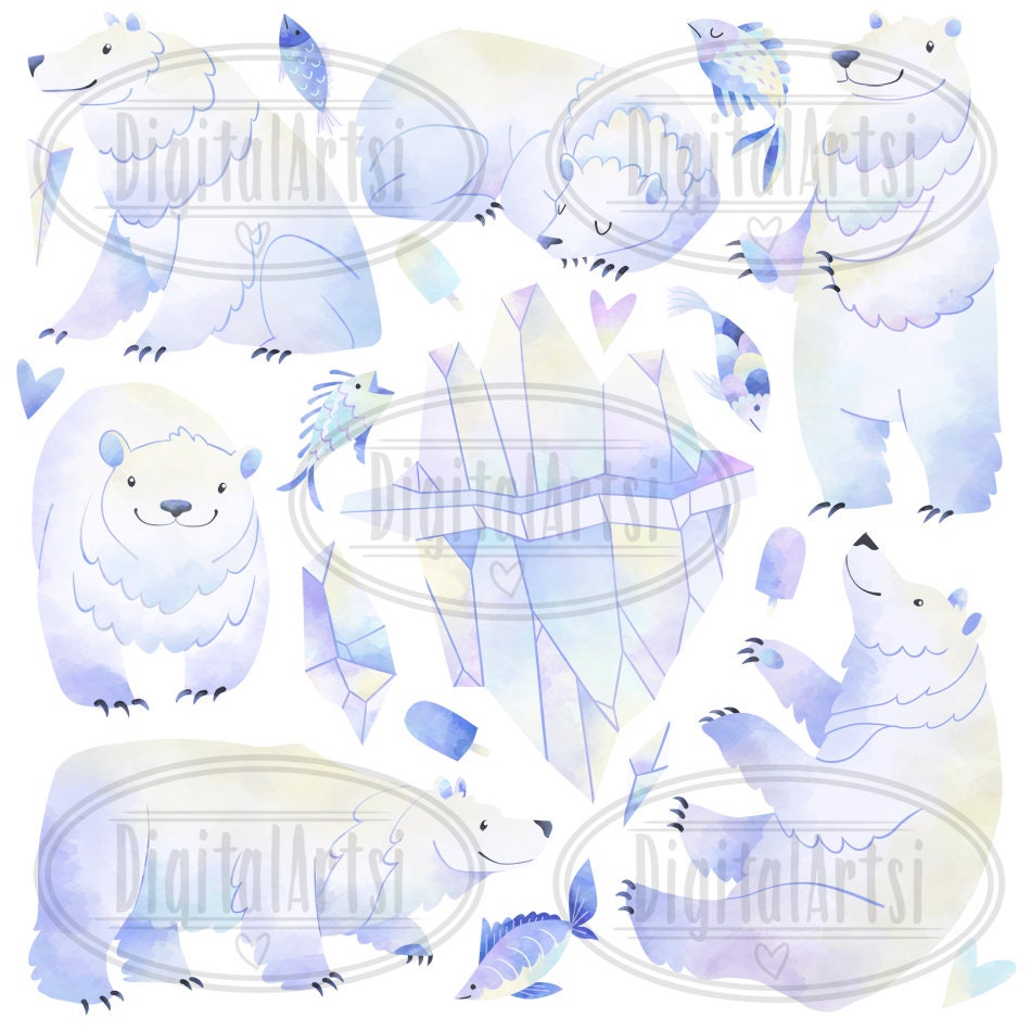 Watercolor Polar Bears Clipart Arctic Animals Download - Etsy