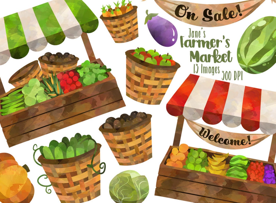 Watercolor Farmers Market Clipart: Fruit & Vegetable Stalls (digital ...