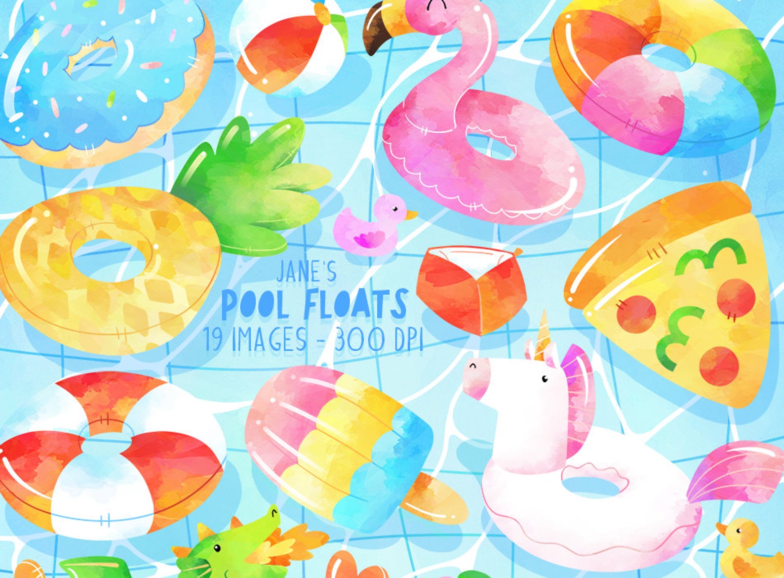 Watercolor Pool Floats Clipart Summer Clipart Instant - Etsy