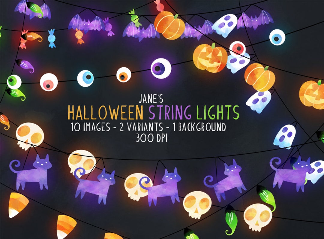 Watercolor Halloween String Lights Clipart: Pumpkins, Bats, Cats ...