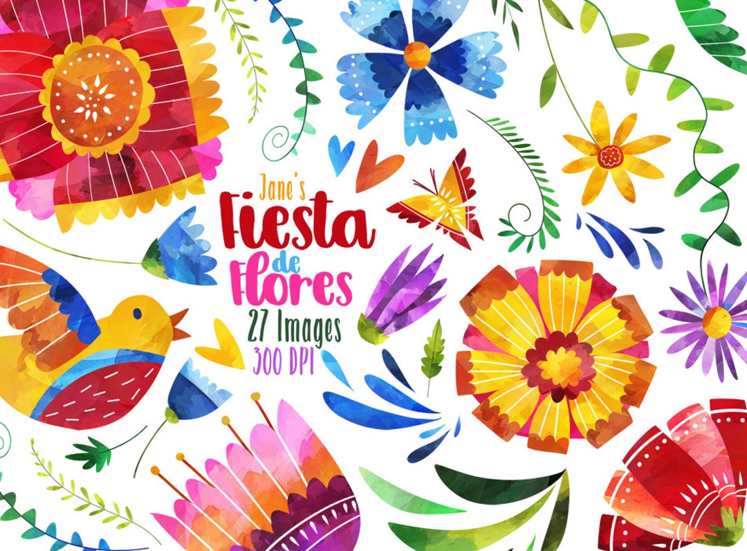 Watercolor Fiesta Flowers Clipart: Mexican Otomi Floral (instant ...
