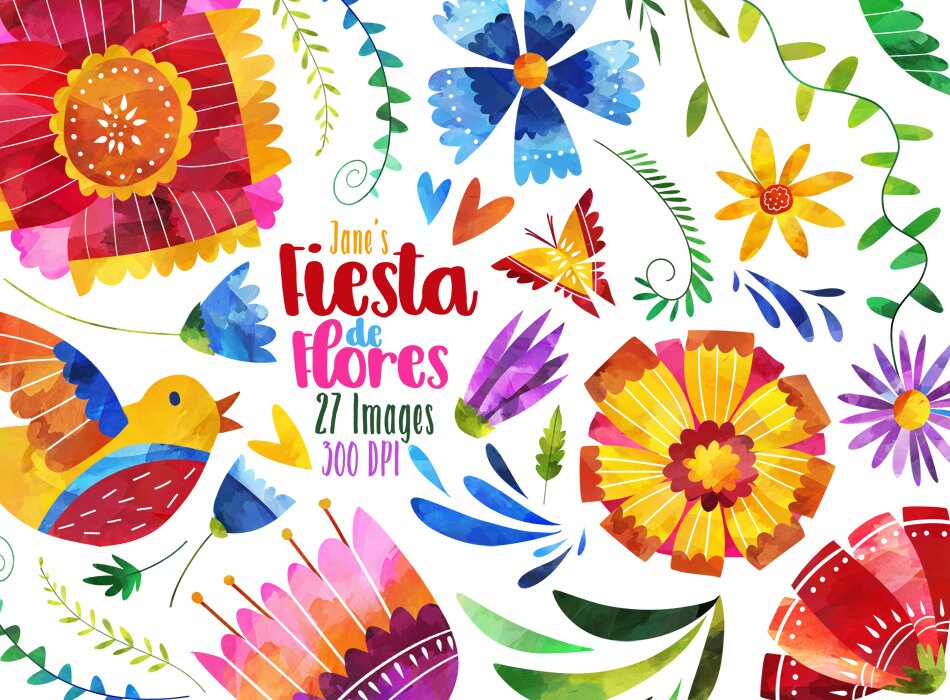 Watercolor Fiesta Flowers Clipart: Mexican Otomi Floral (instant ...