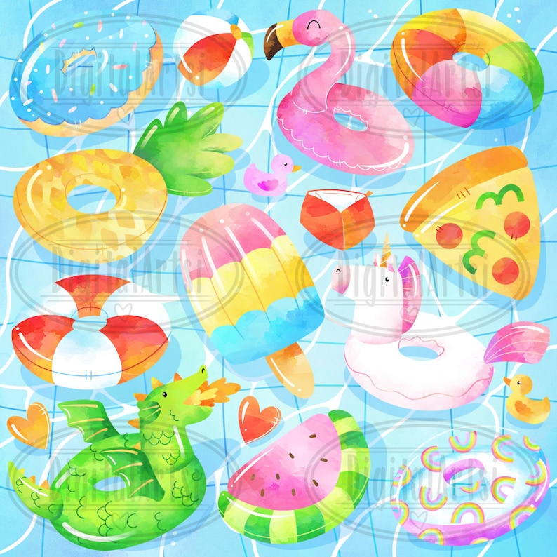 Watercolor Pool Floats Clipart Summer Clipart Instant - Etsy