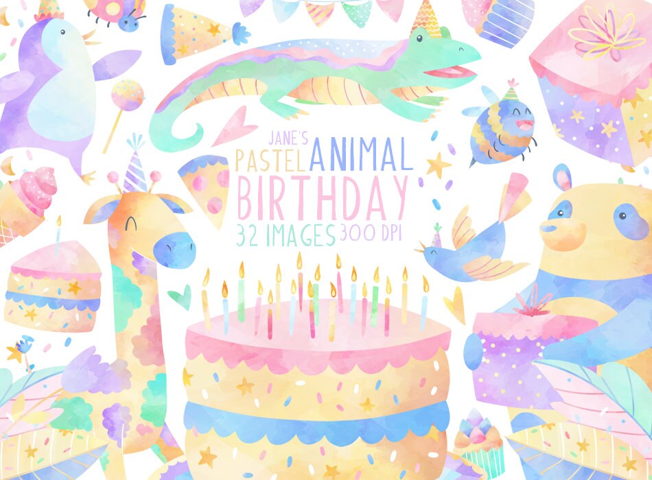 Watercolor Birthday Animals Clipart Party Graphics Digital - Etsy Canada