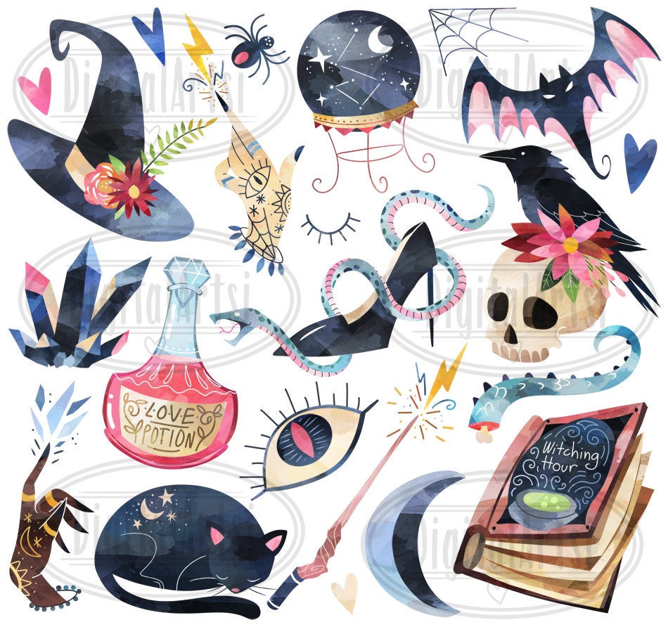 Watercolor Witches Clipart Halloween Clipart Download - Etsy