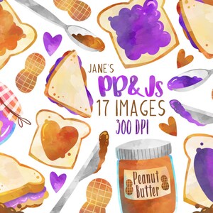 Watercolor Peanut Butter and Jelly Clipart - PB&J Download - Instant ...