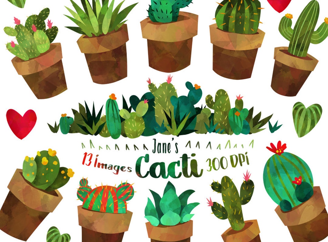 Watercolor Cactus Clipart: Potted Succulents, Desert Plants (PNG ...