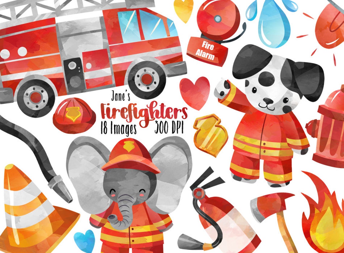 Watercolor Firefighters Clipart Fire Truck Download - Etsy