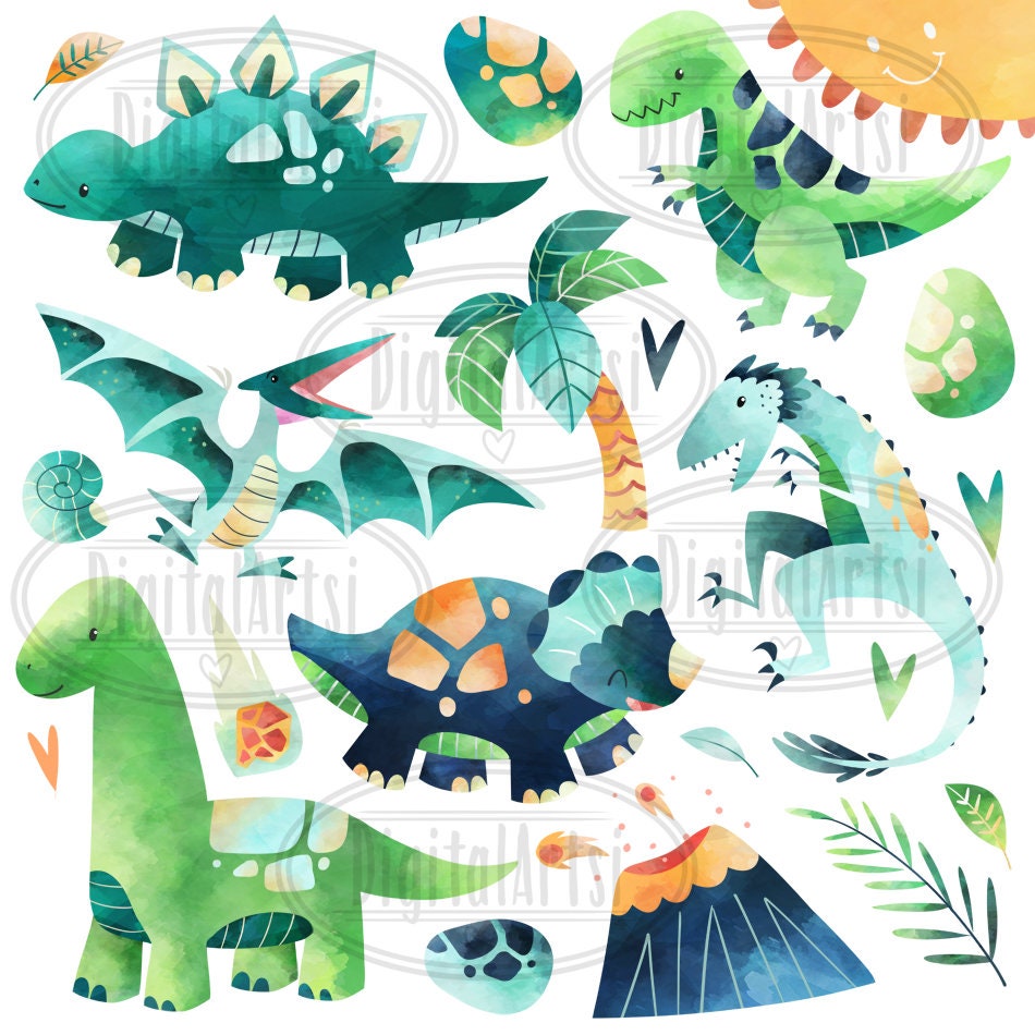 Watercolor Dinosaurs Clipart Dinosaur Species Download | Etsy