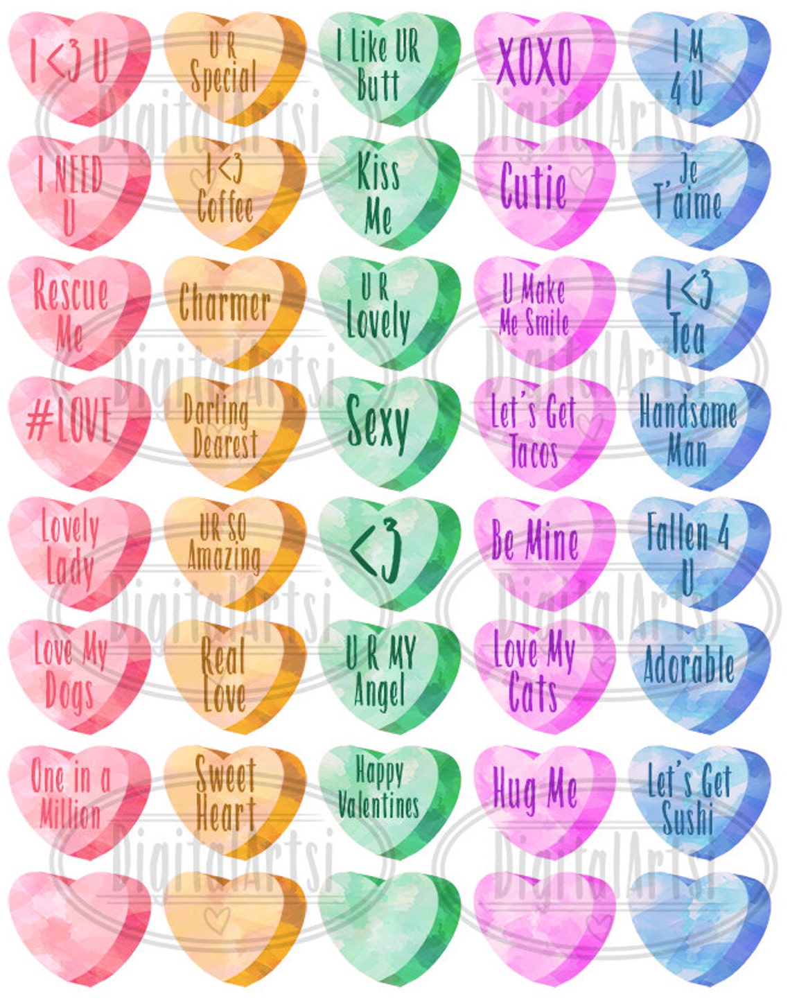 Watercolor Candy Hearts Clipart: Valentine's Day Graphics (digital ...