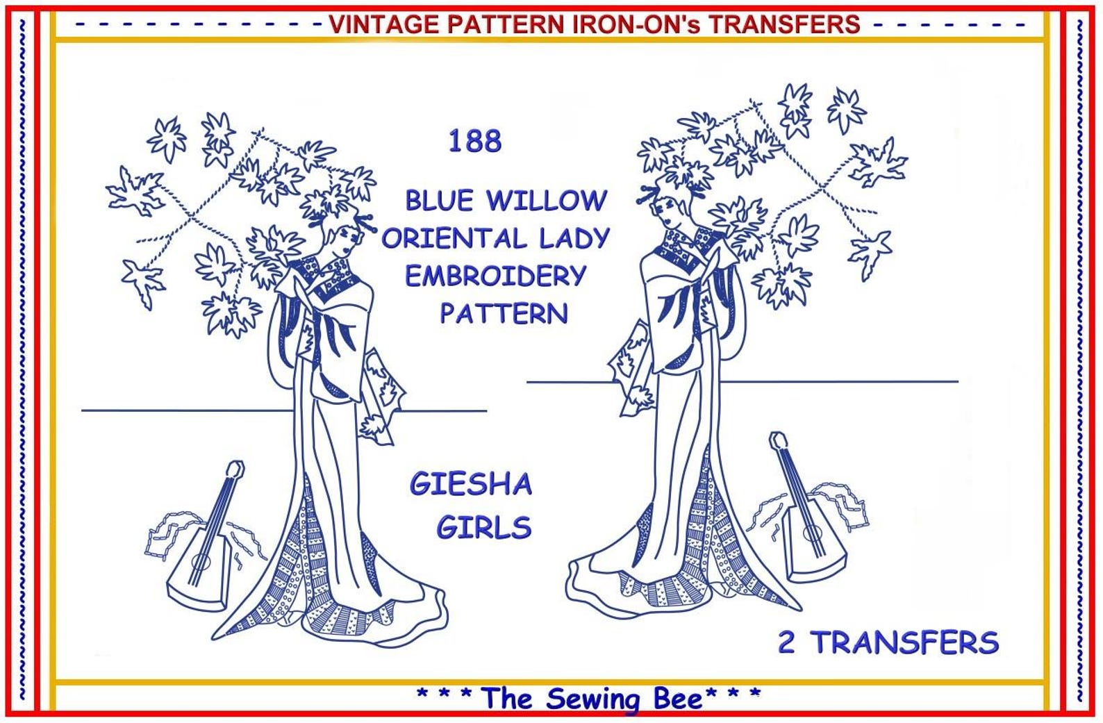 188 - Giesha Oriental Ladies Blue Willow 2 Embroidery Transfer Motif ...
