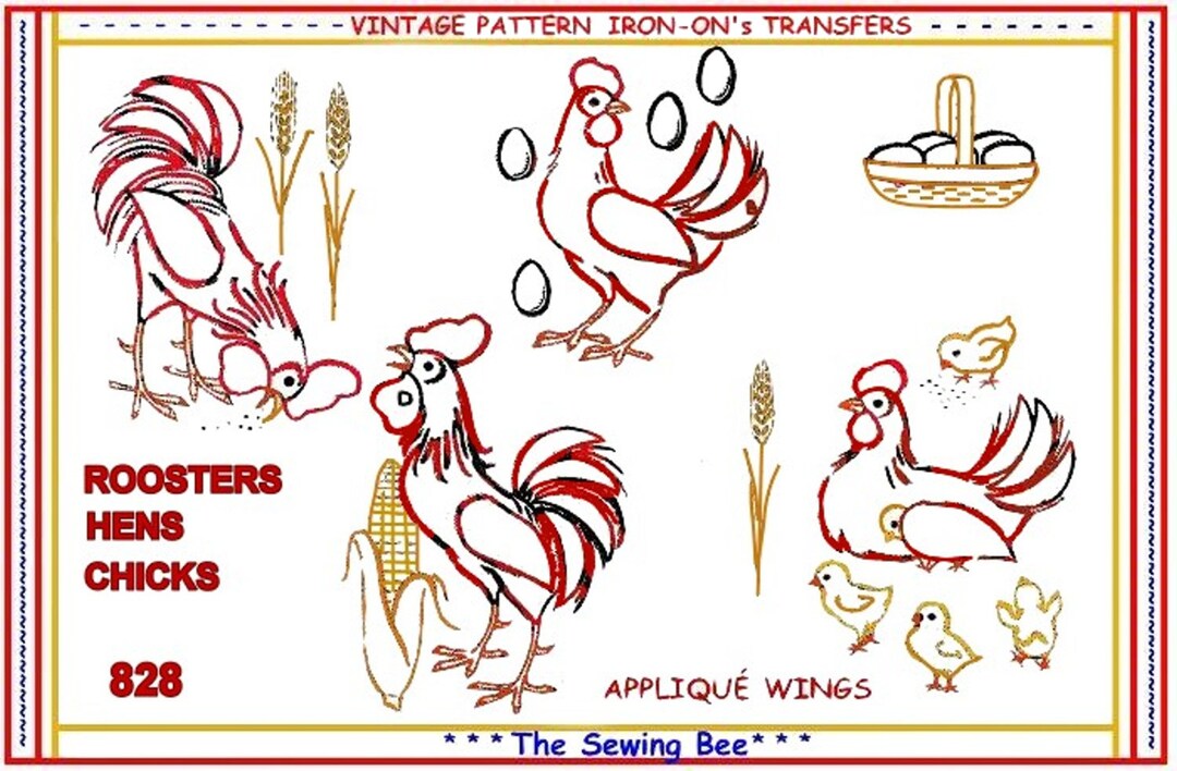 Rooster Chicken Barn Yard Embroidery Transfers 828 PATTERN IRON-ON Tea ...