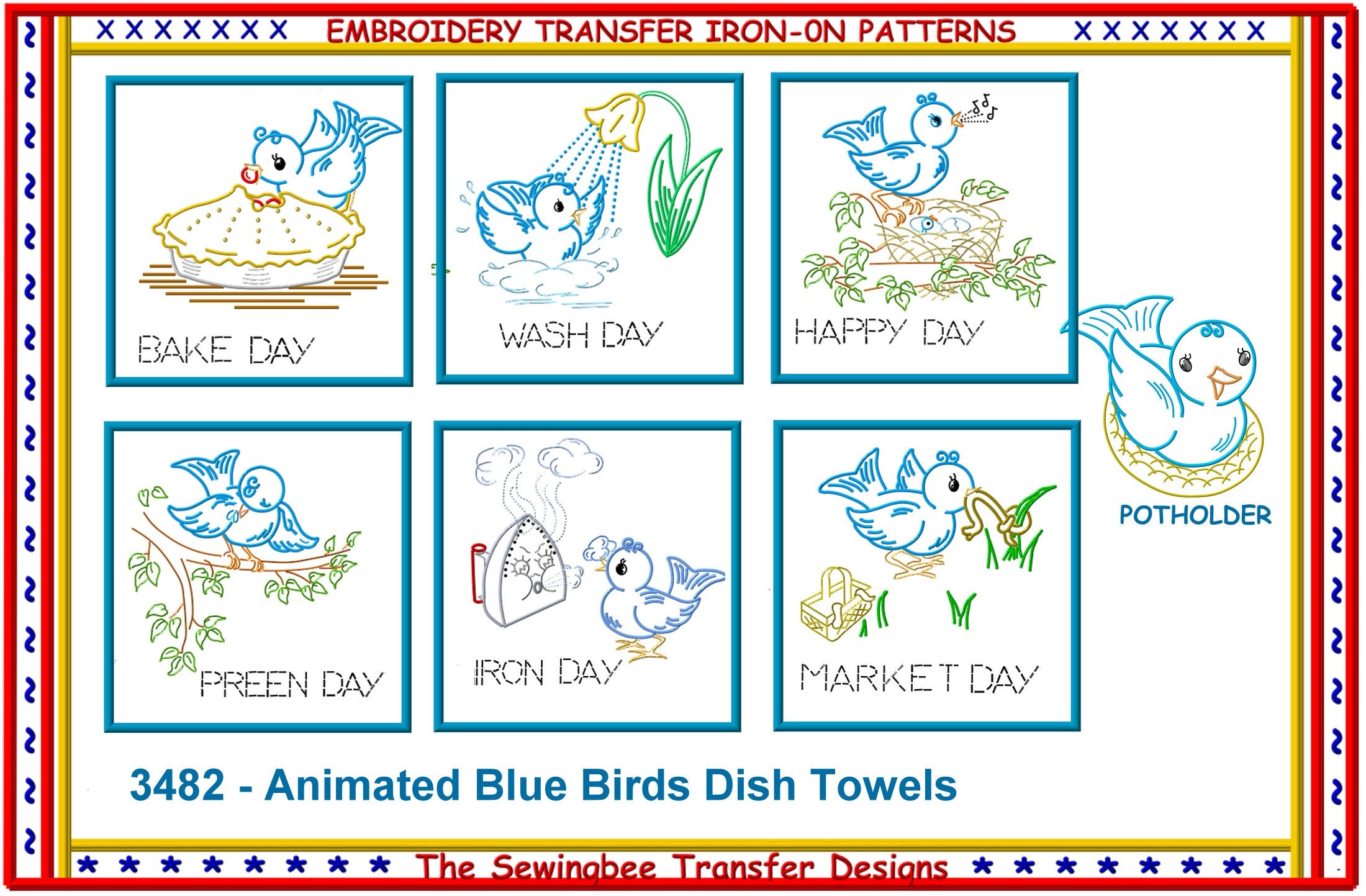 Animated Blue Birds Dish Towels Embroidery Transfer Pattern 3482 IRON ...