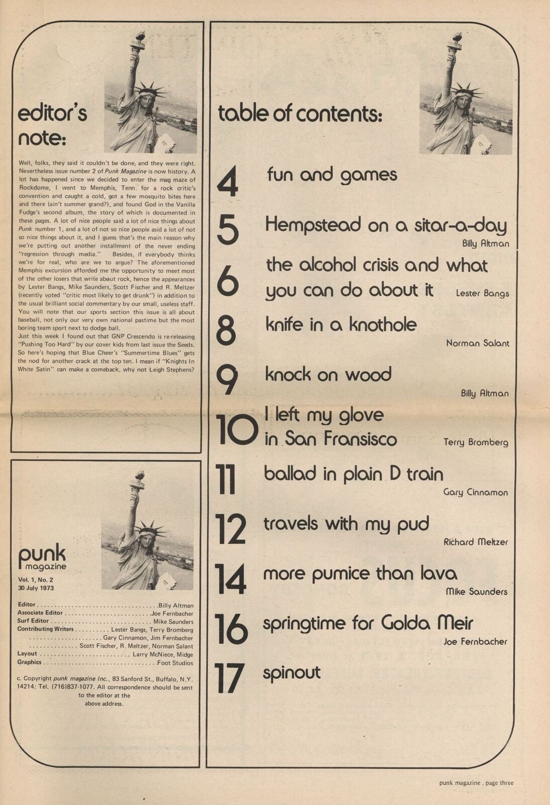 PUNK Magazine Vol 1 No 2 July 30 1973 ~ BILLY ALTMAN ~ Lester Bangs ...