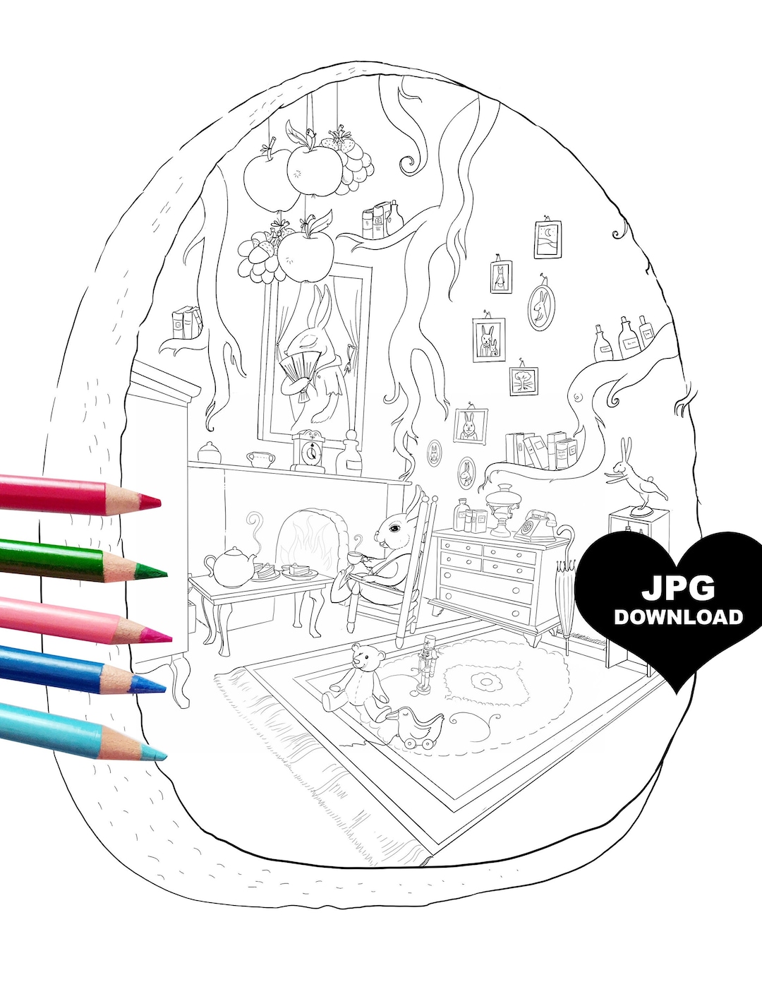 Digital Coloring Page of the Rabbit Hole JPG - Download Now. Adult ...