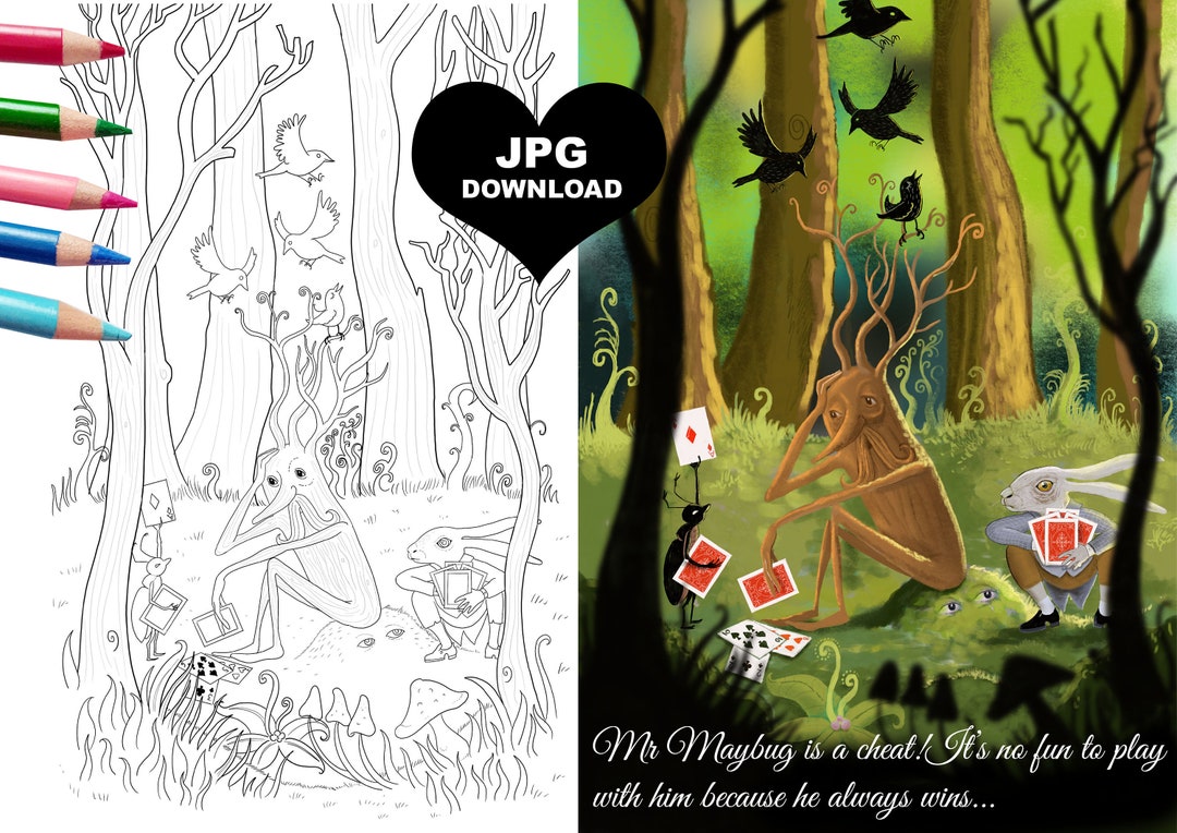 Digital Coloring Page of Treeman Plays Cards JPG - Download Now. Adult ...