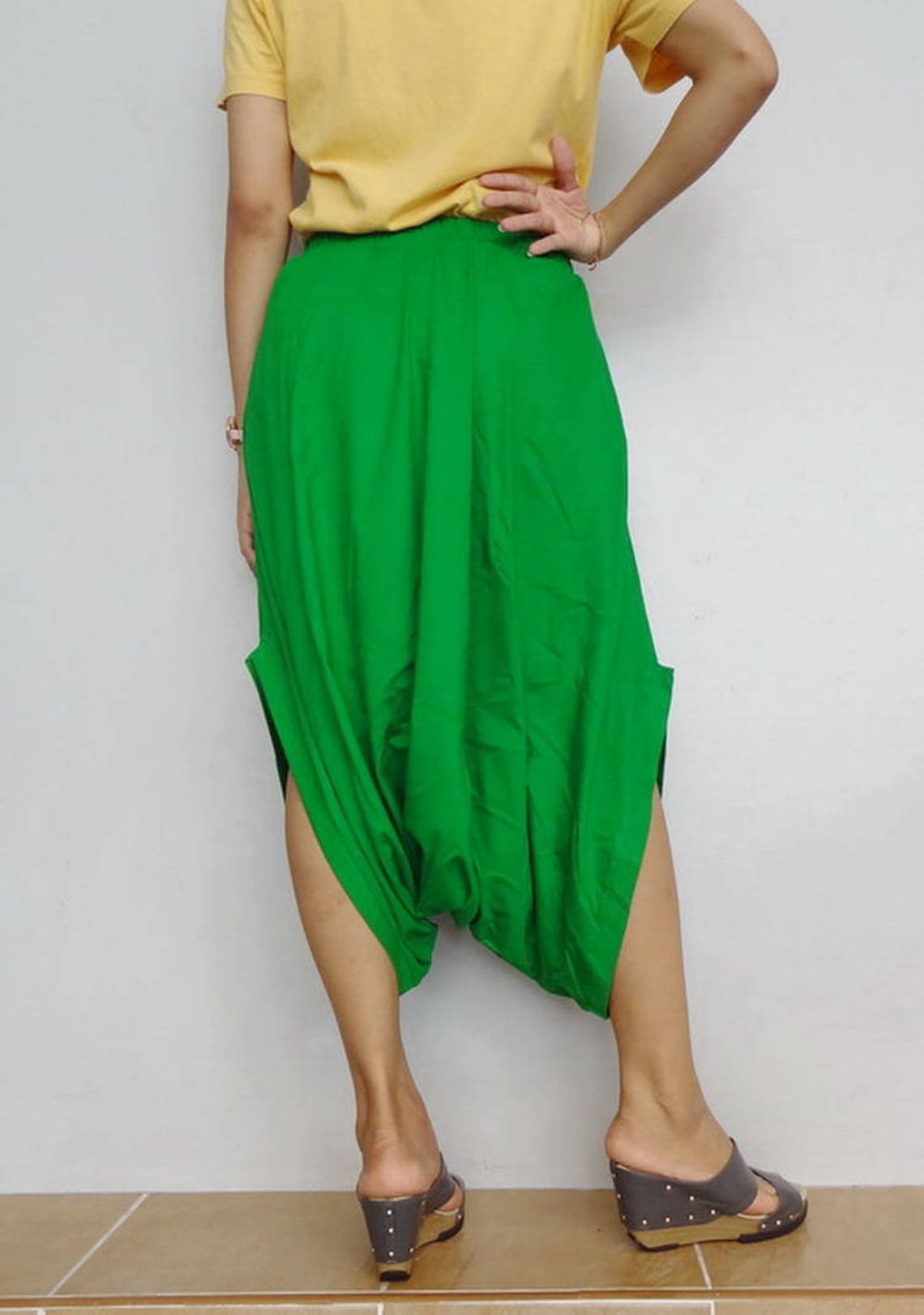 Capri Drop Crotch Pants Grass Green Cotton Blend - Etsy