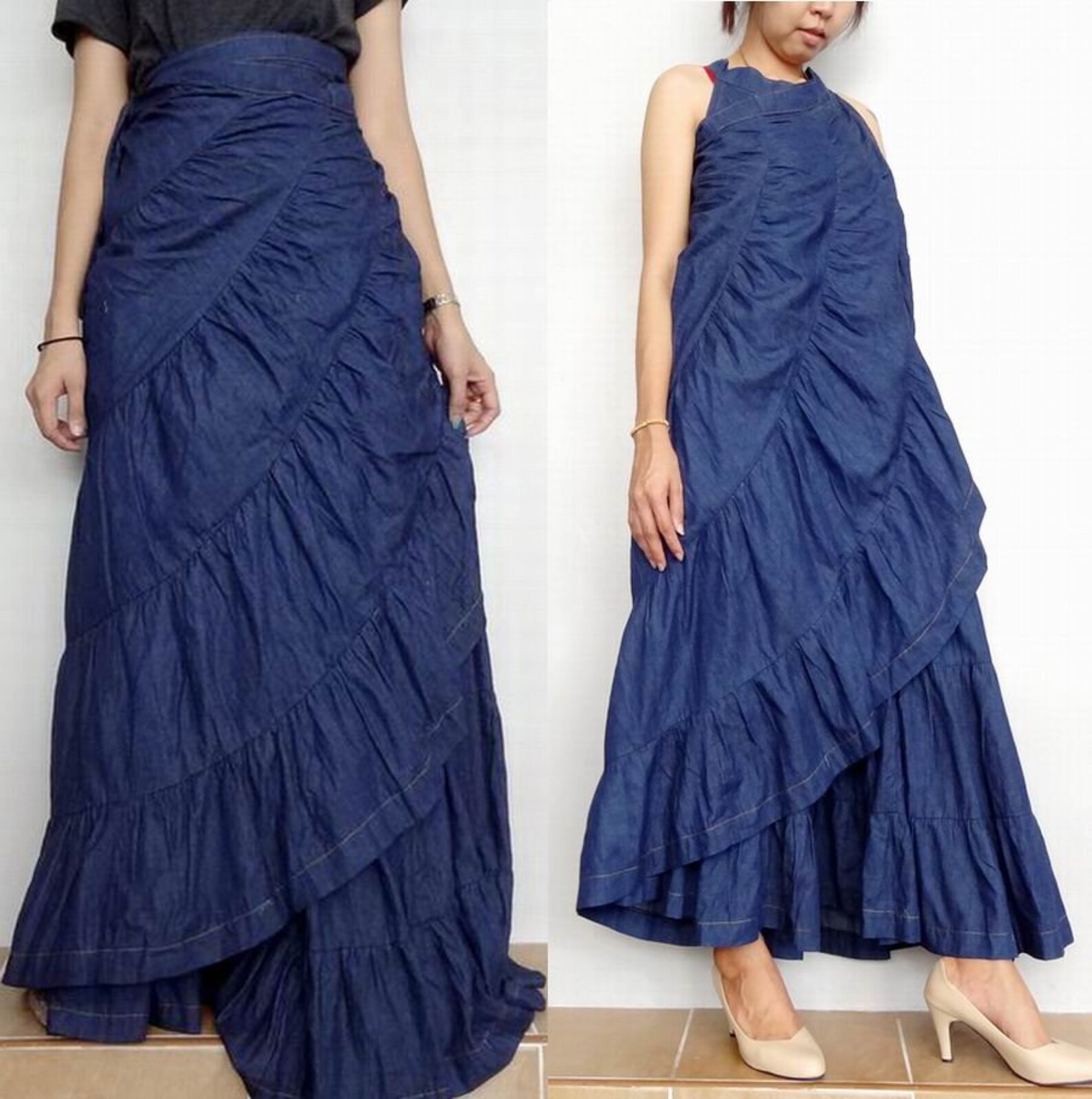 Wrap Ruffle Long Skirt Convertible Dress Comfortable Unique Cotton ...