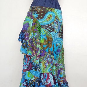 Floral Ruffle Long Skirt OOAK Blue Tone Unique Cotton and Denim ...