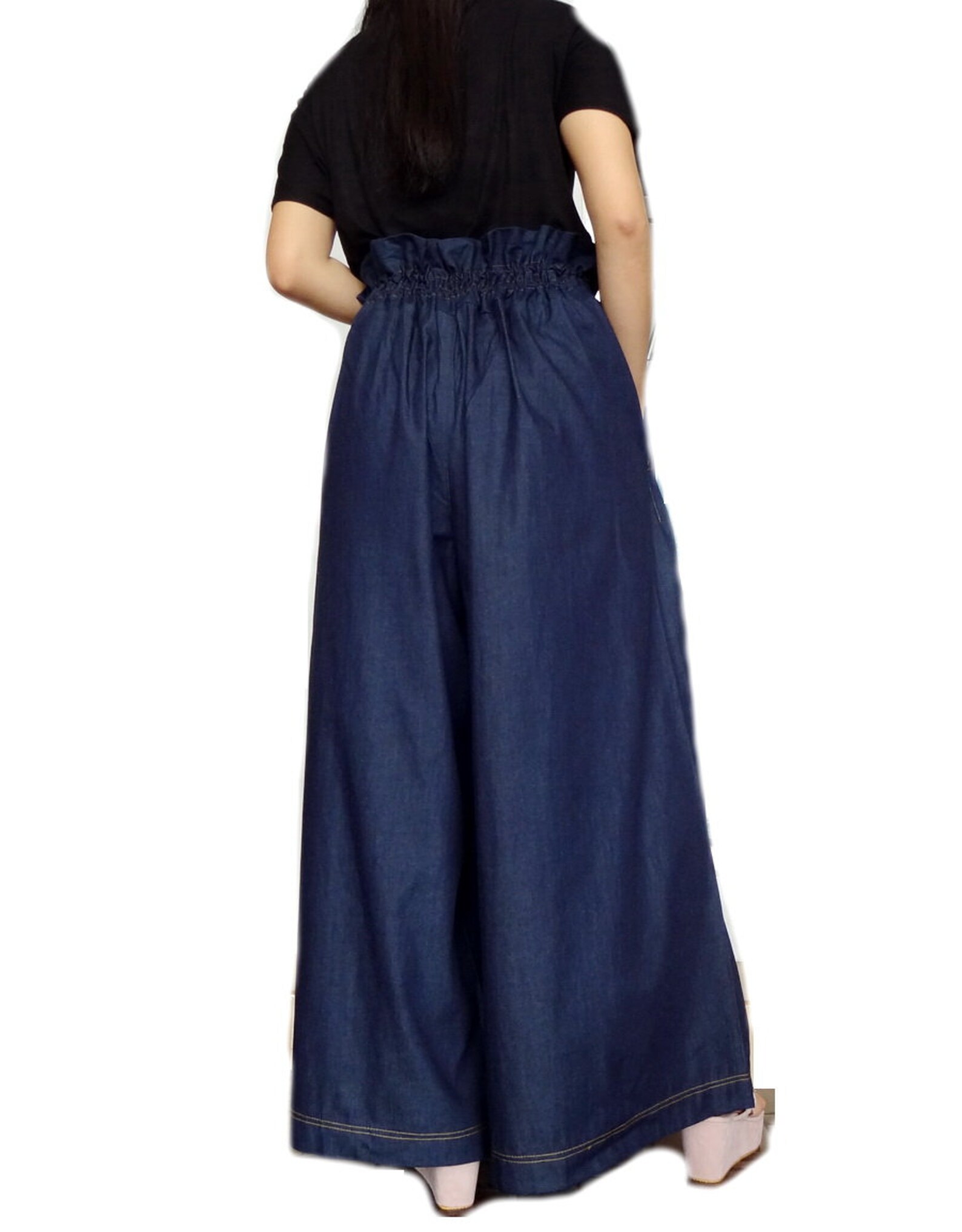 Wide Legs Pants Unique Style Denim Dark Blue Lightweight Drawstring ...