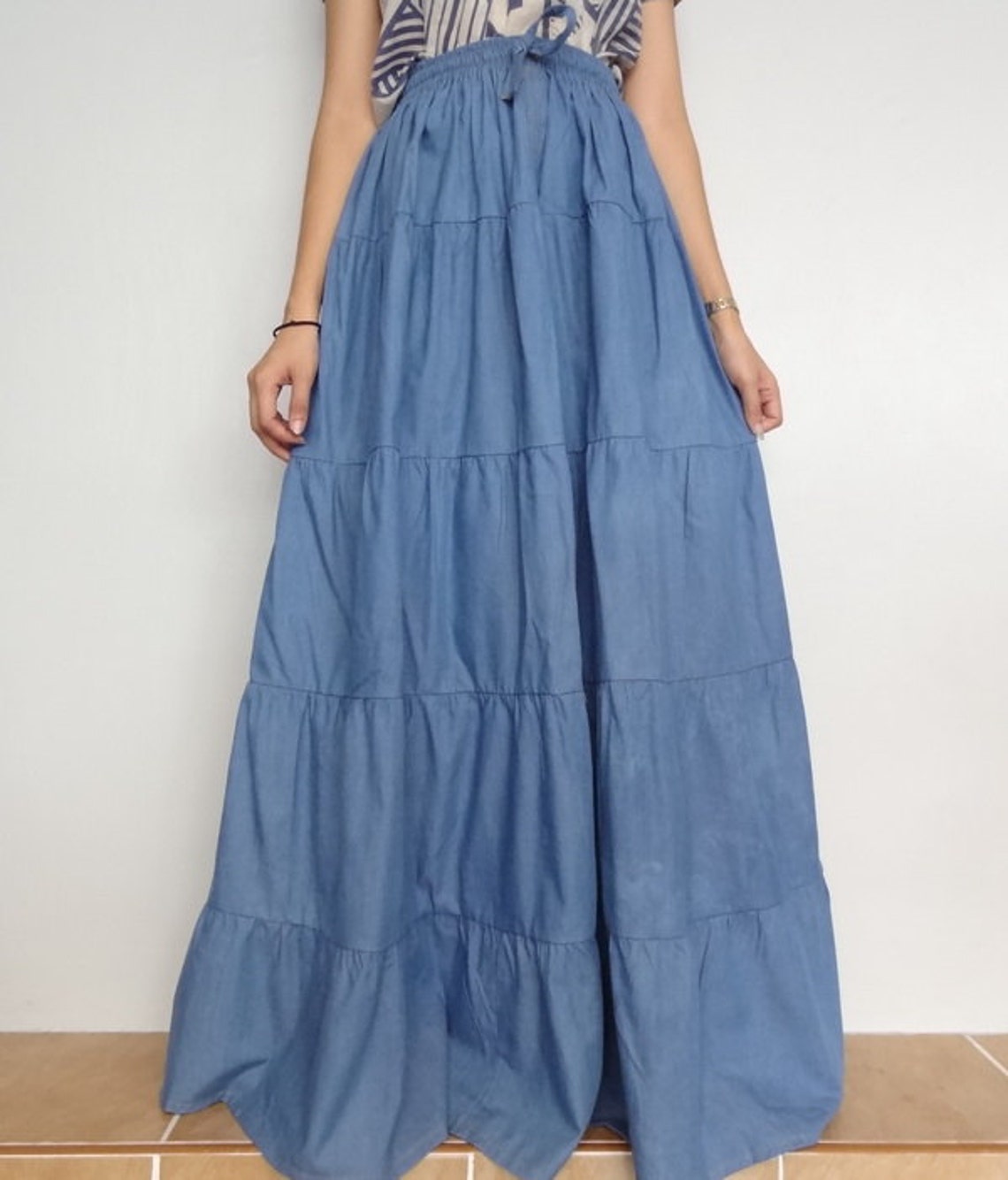 Maxi Ruffle Long Skirt Casual Denim Cotton Lightweight Medium - Etsy