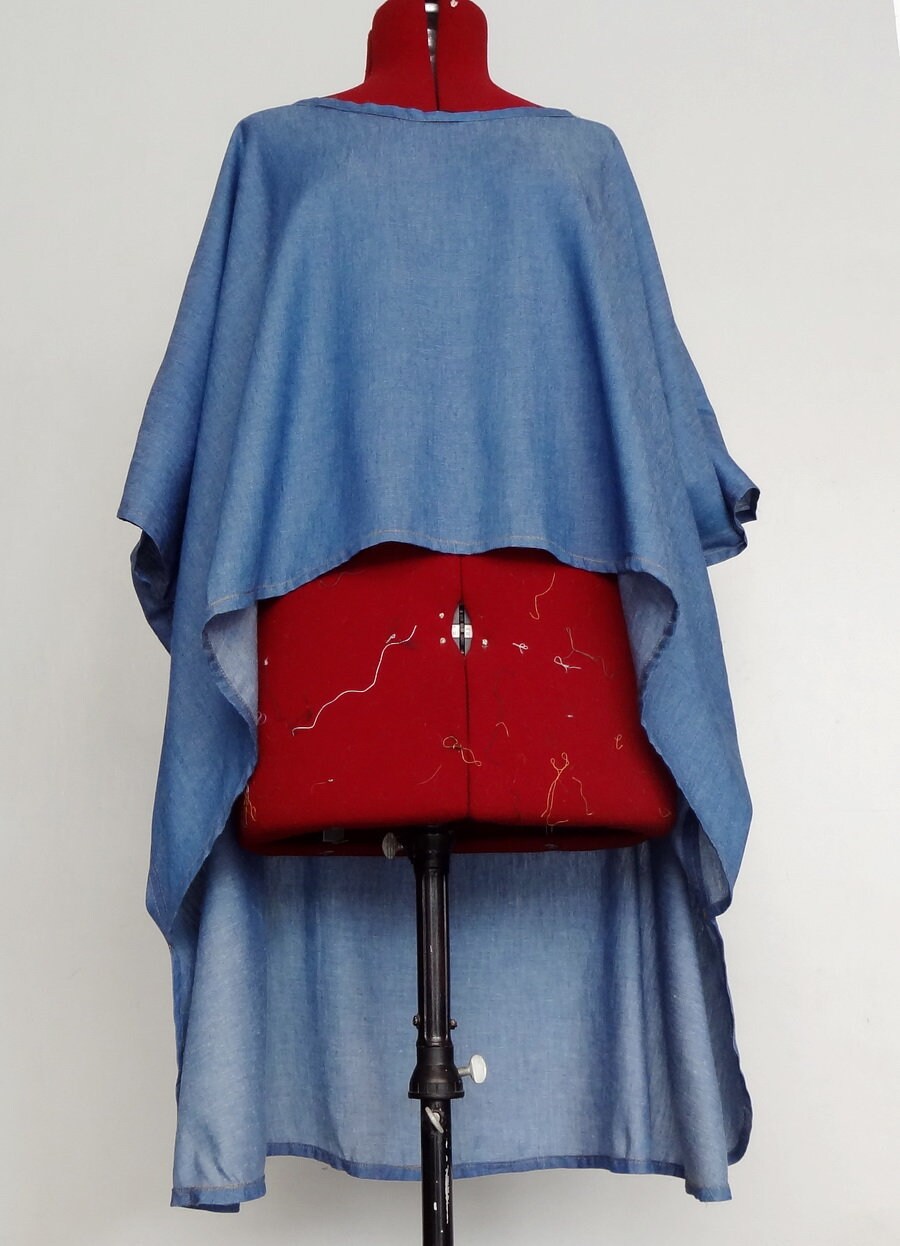 Asymmetrical Poncho Short Sleeve Light Blue Denim Tunic Tops - Etsy