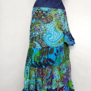Floral Ruffle Long Skirt OOAK Blue Tone Unique Cotton and Denim ...