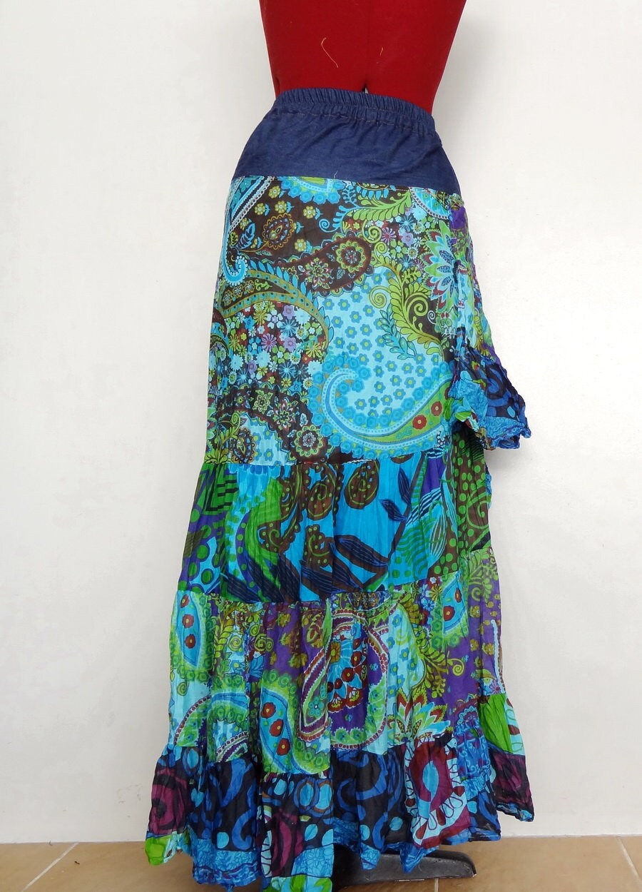 Floral Ruffle Long Skirt OOAK Blue Tone Unique Cotton and Denim ...