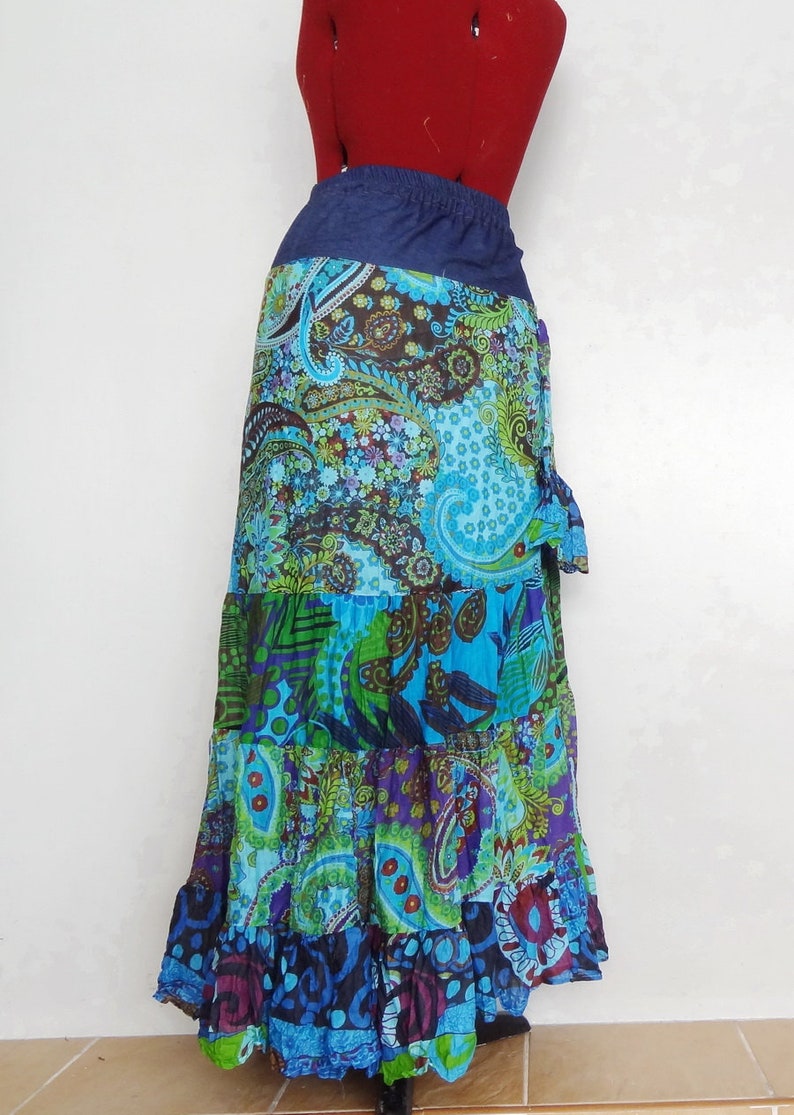 Floral Ruffle Long Skirt OOAK Blue Tone Unique Cotton and Denim ...