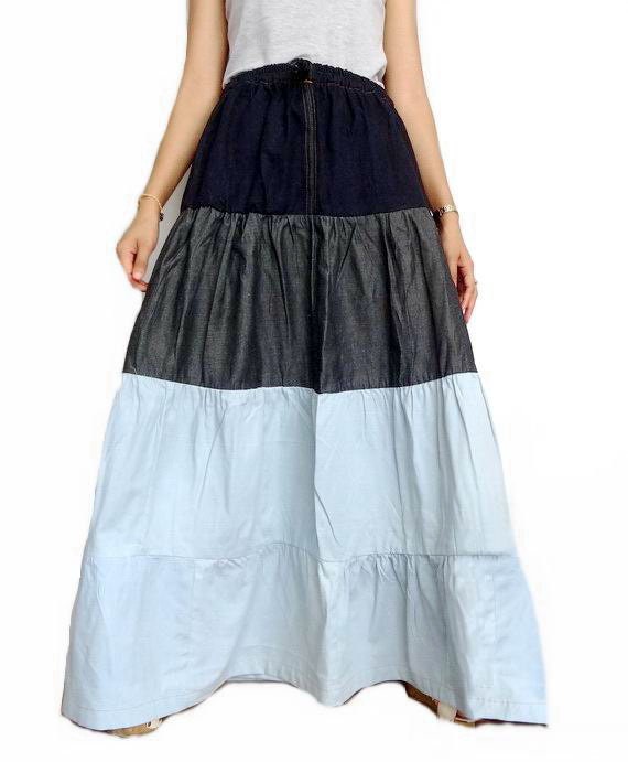 Maxi Long Skirt Ruffle Patchwork Denim Cotton Lightweight - Etsy
