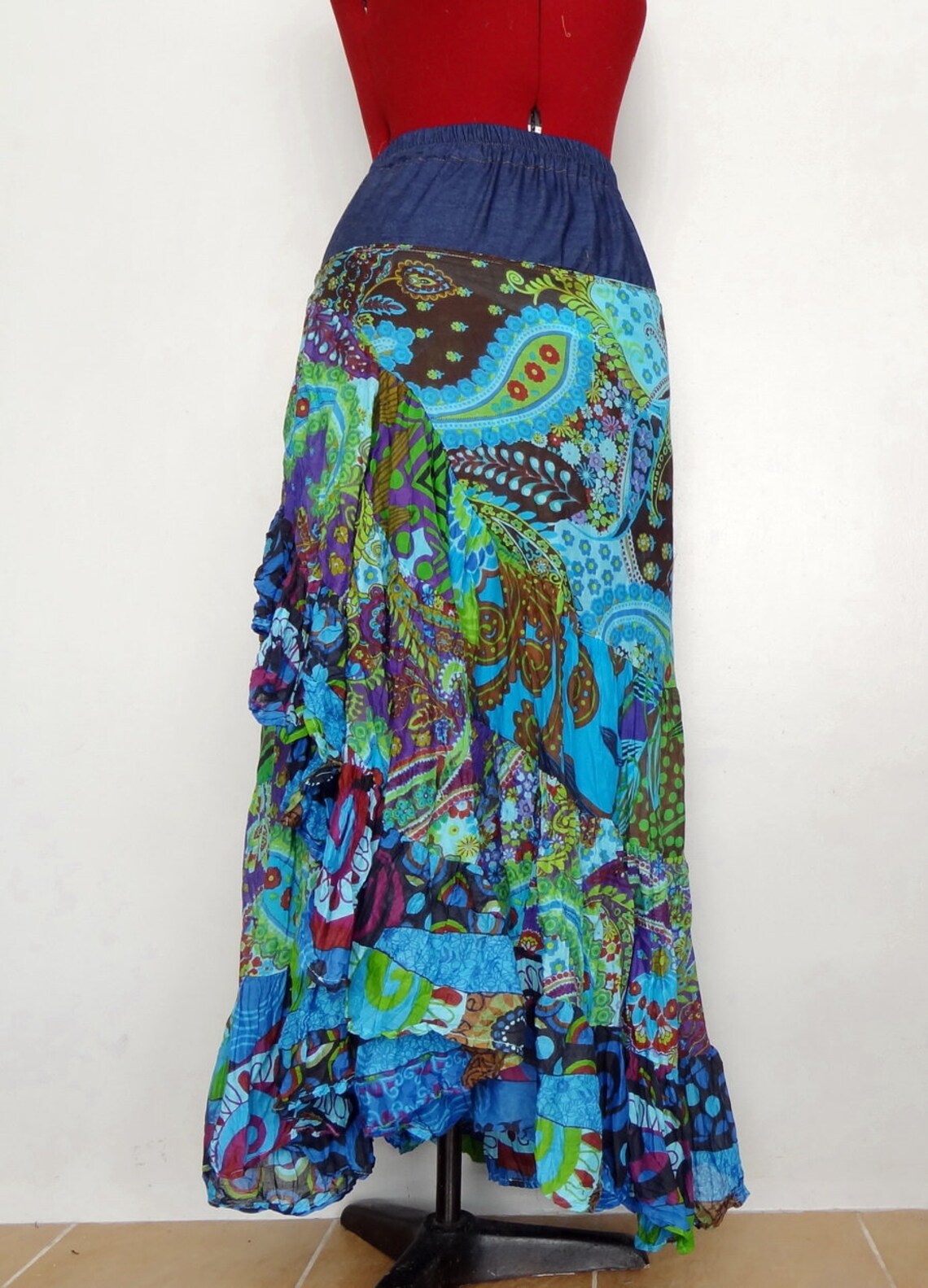 Floral Ruffle Long Skirt OOAK Blue Tone Unique Cotton and Denim ...