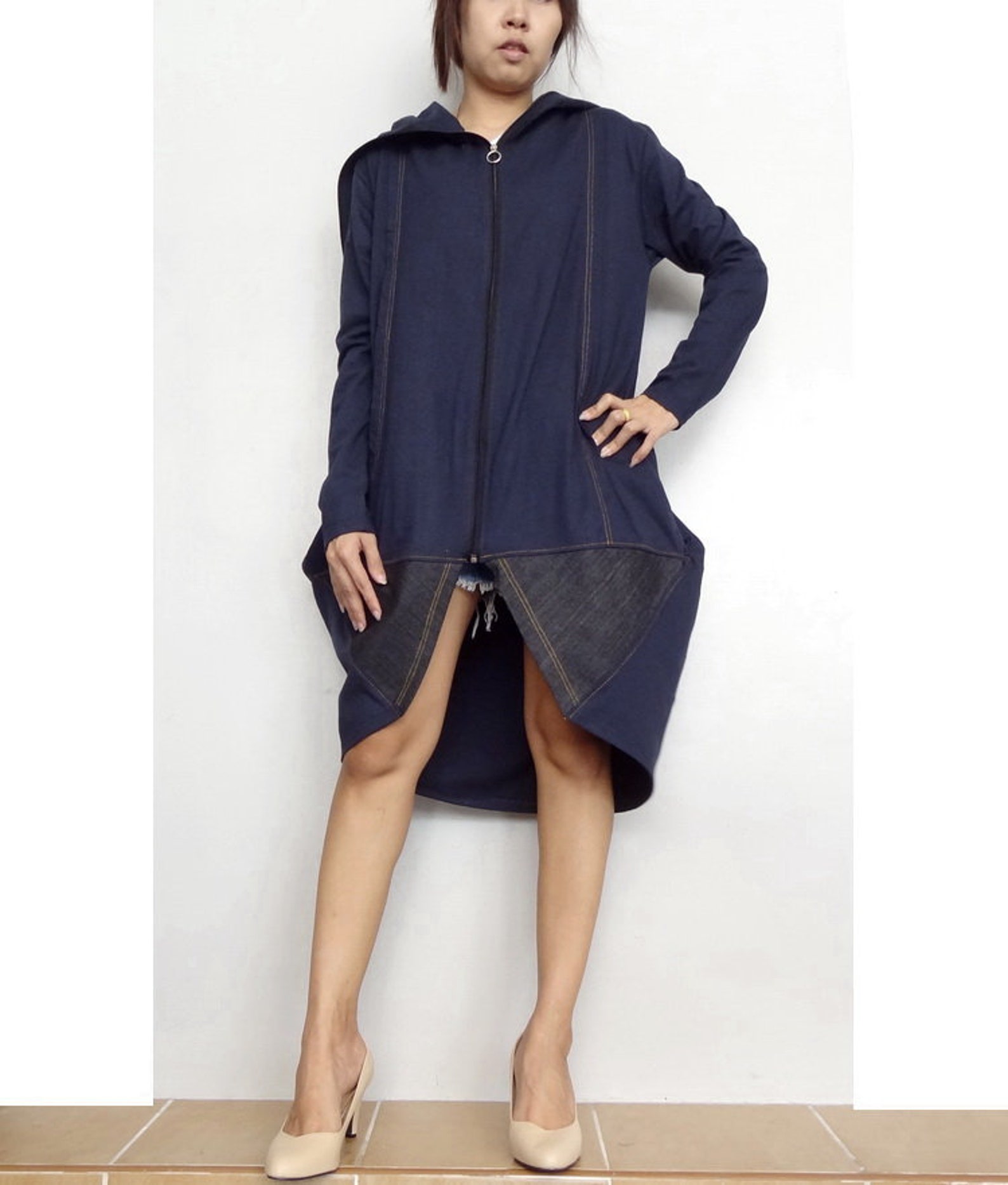 Tunic Long Sleeve Navy Blue Asymmetrical Unisex Zip Down Jacket - Etsy