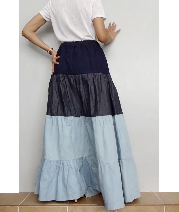 Maxi Long Skirt Ruffle Patchwork Denim Cotton Lightweight - Etsy