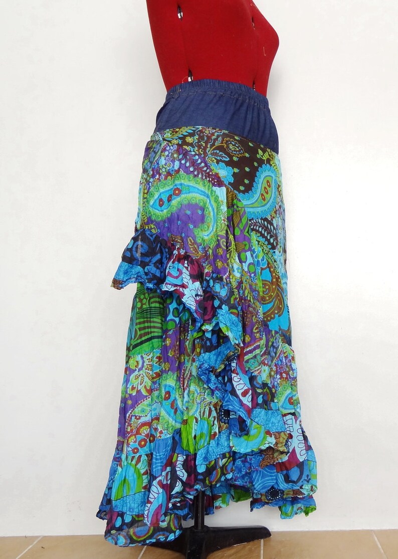Floral Ruffle Long Skirt OOAK Blue Tone Unique Cotton and Denim ...