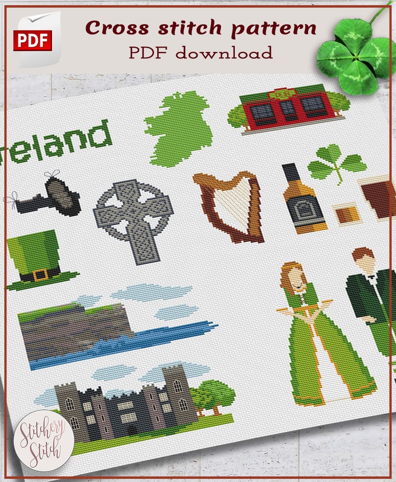 Ireland Cross Stitch Pattern | Irish Culture, Landmarks (PDF Pattern ...