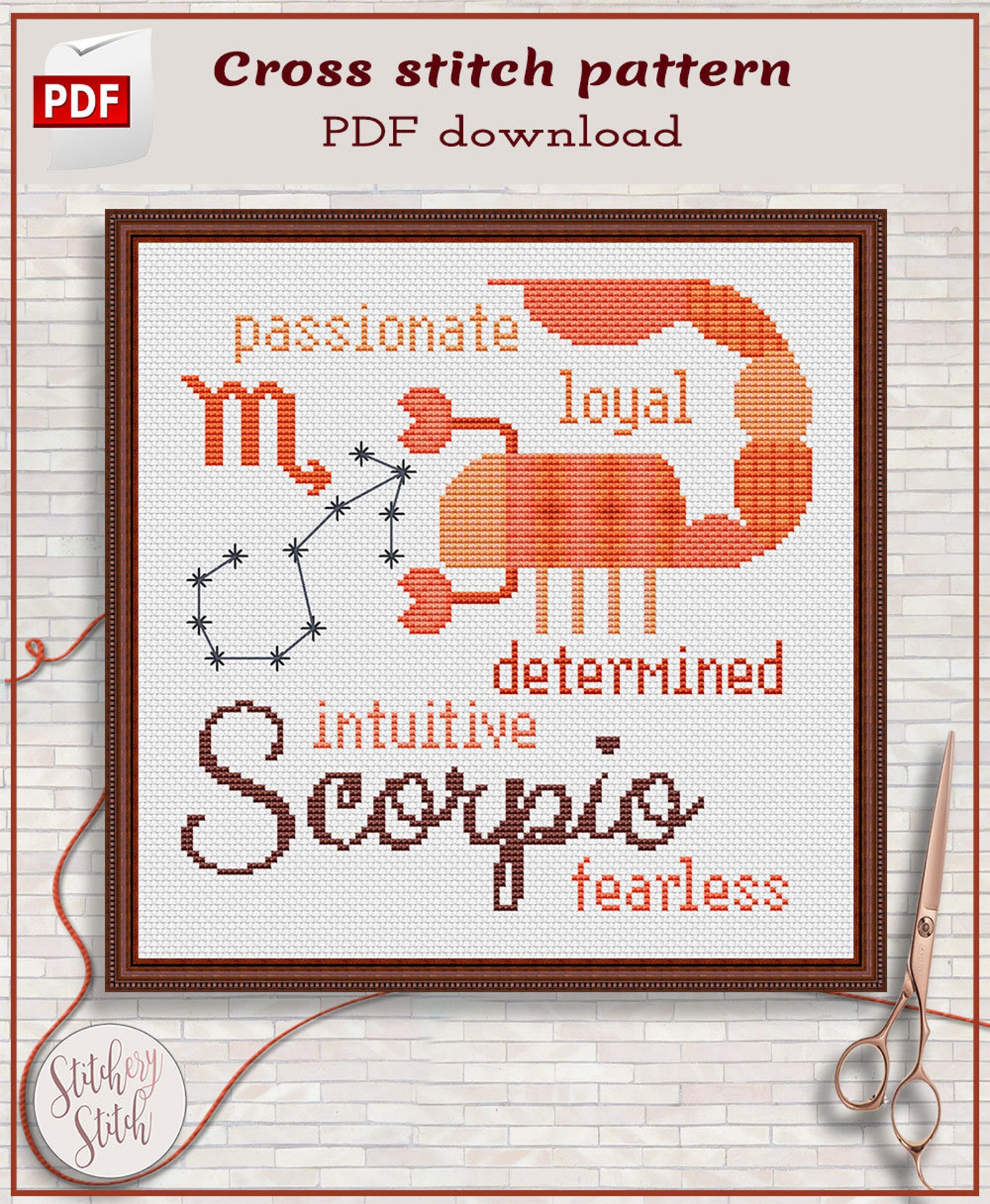 Scorpio Cross Stitch Pattern by Stitchery Stitch 4 Palettes | Etsy