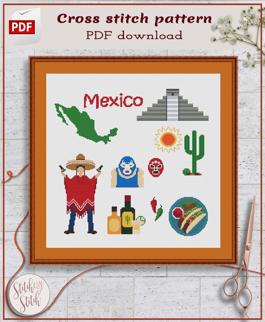Mexico Cross Stitch Pattern | Mexican Cross Stitch Chart | Country ...