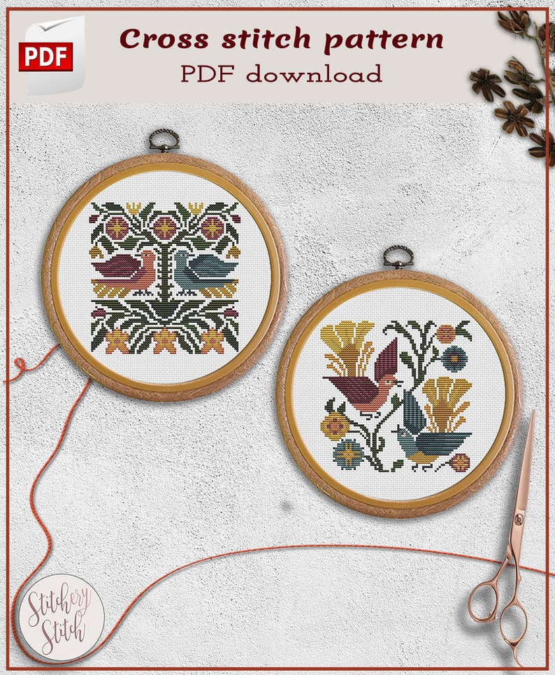 Primitive Birds Cross Stitch Pattern Set | Folk Art Flowers (PDF) - Etsy