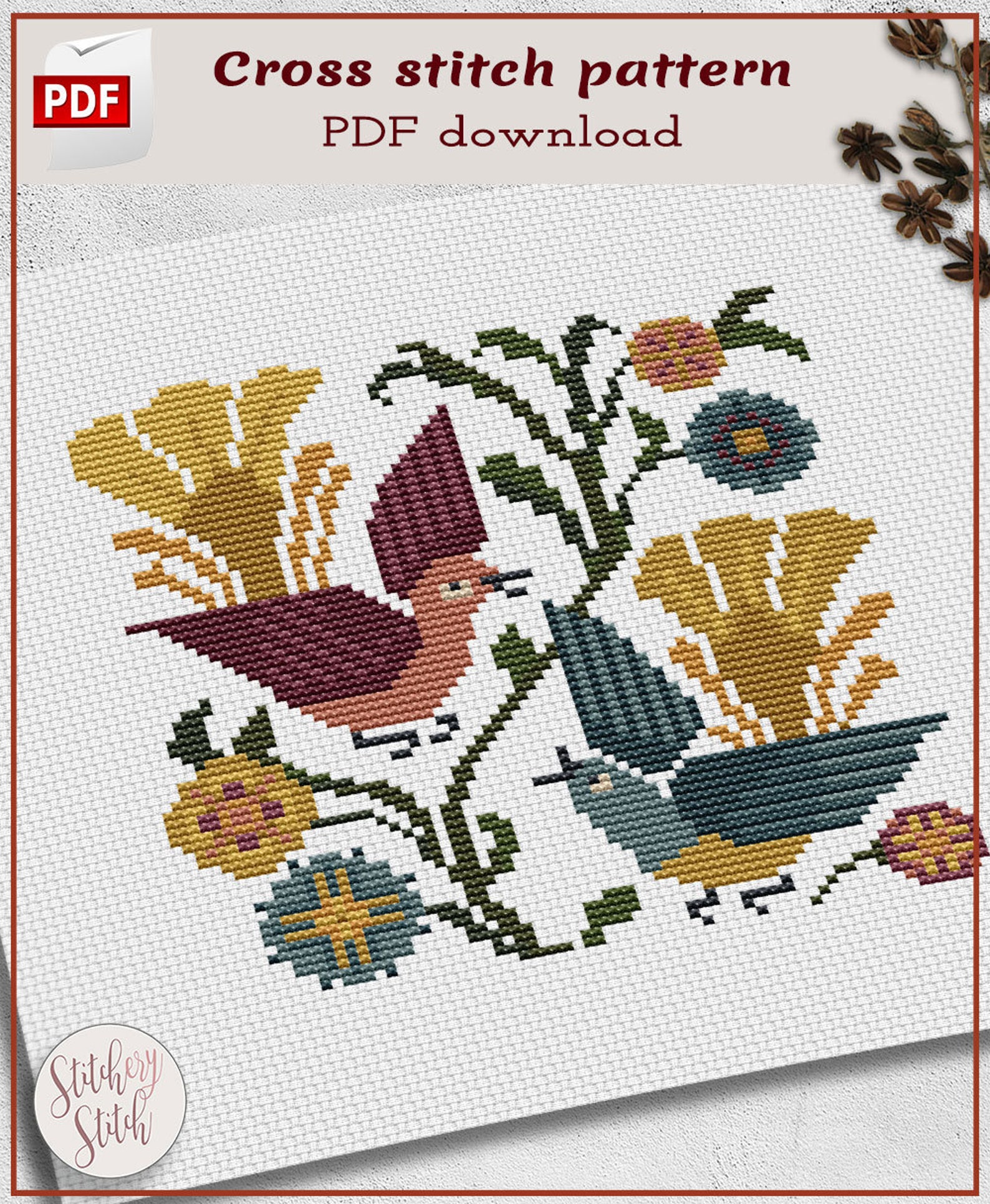 Primitive Cross Stitch Pattern Birds Stitch Chart Counted - Etsy