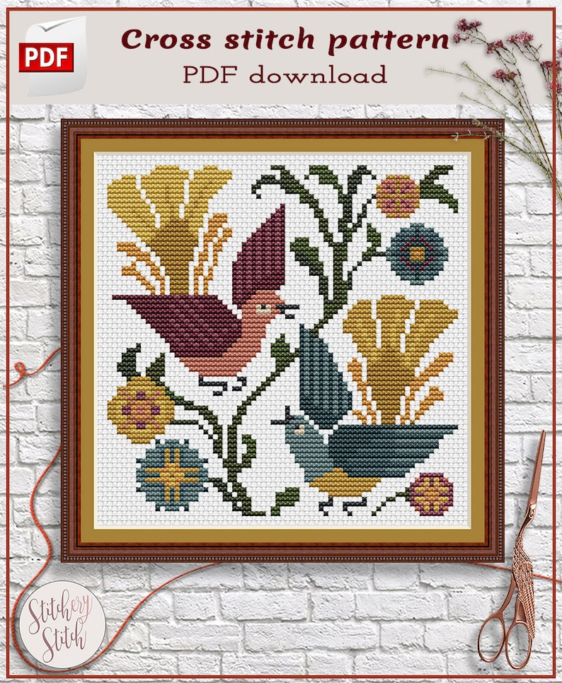 Primitive Cross Stitch Pattern Birds Stitch Chart Counted - Etsy