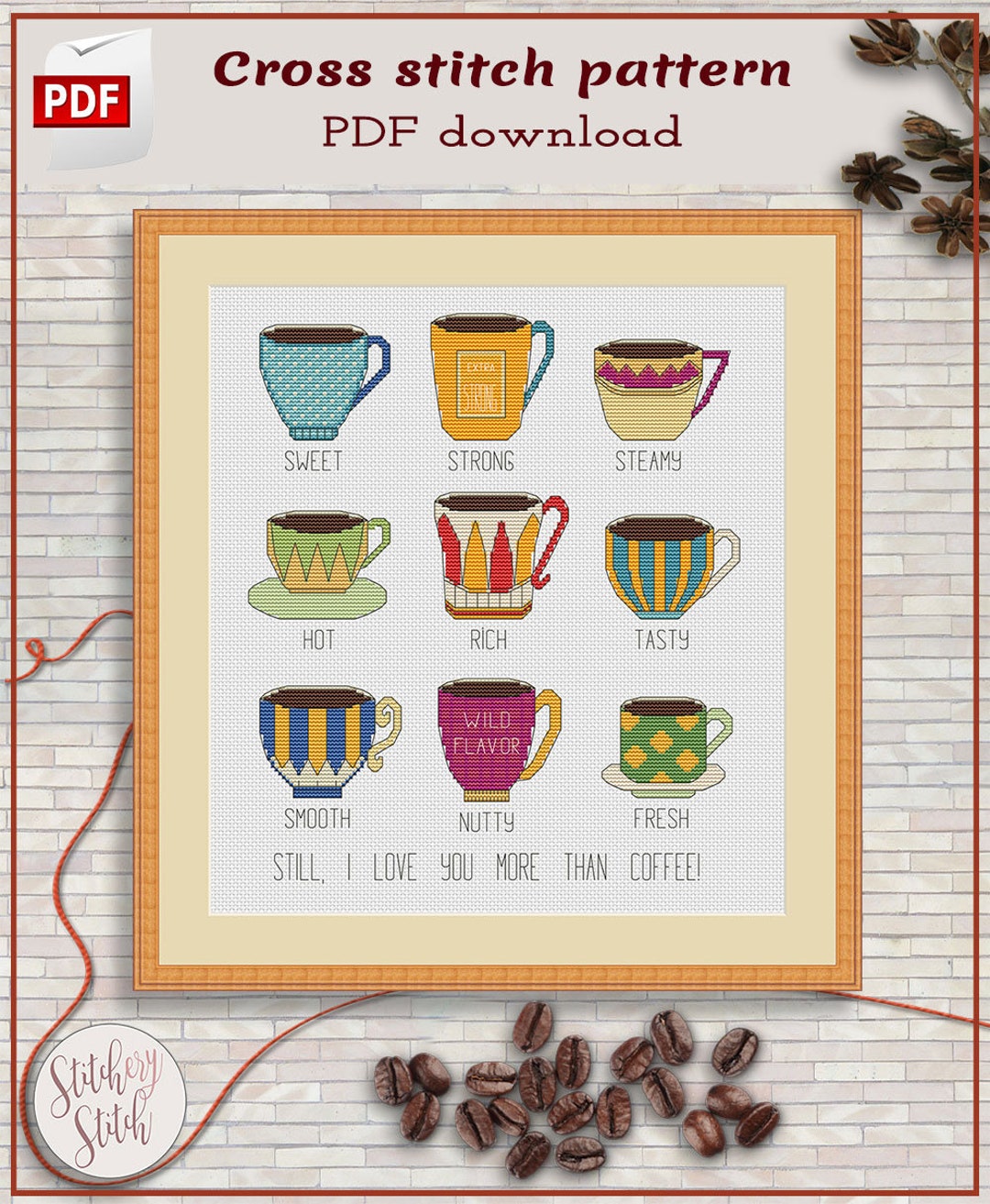 Coffee Cross Stitch Pattern | Coffee Cups Cross Stitch Chart | Kitchen ...