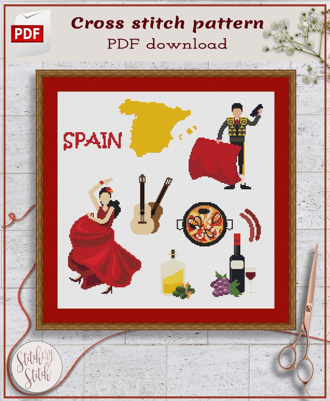 Spain Cross Stitch Pattern | Spanish Cross Stitch Chart | Country Cross ...