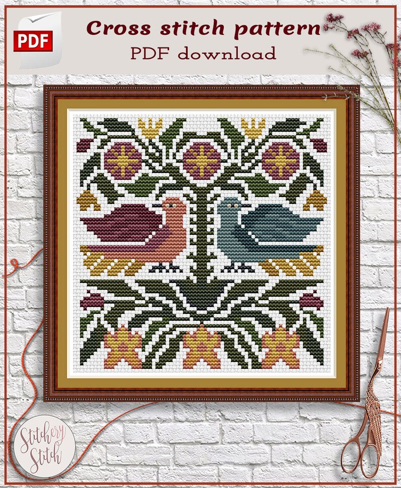 Primitive cross stitch pattern Birds cross stitch charts | Etsy