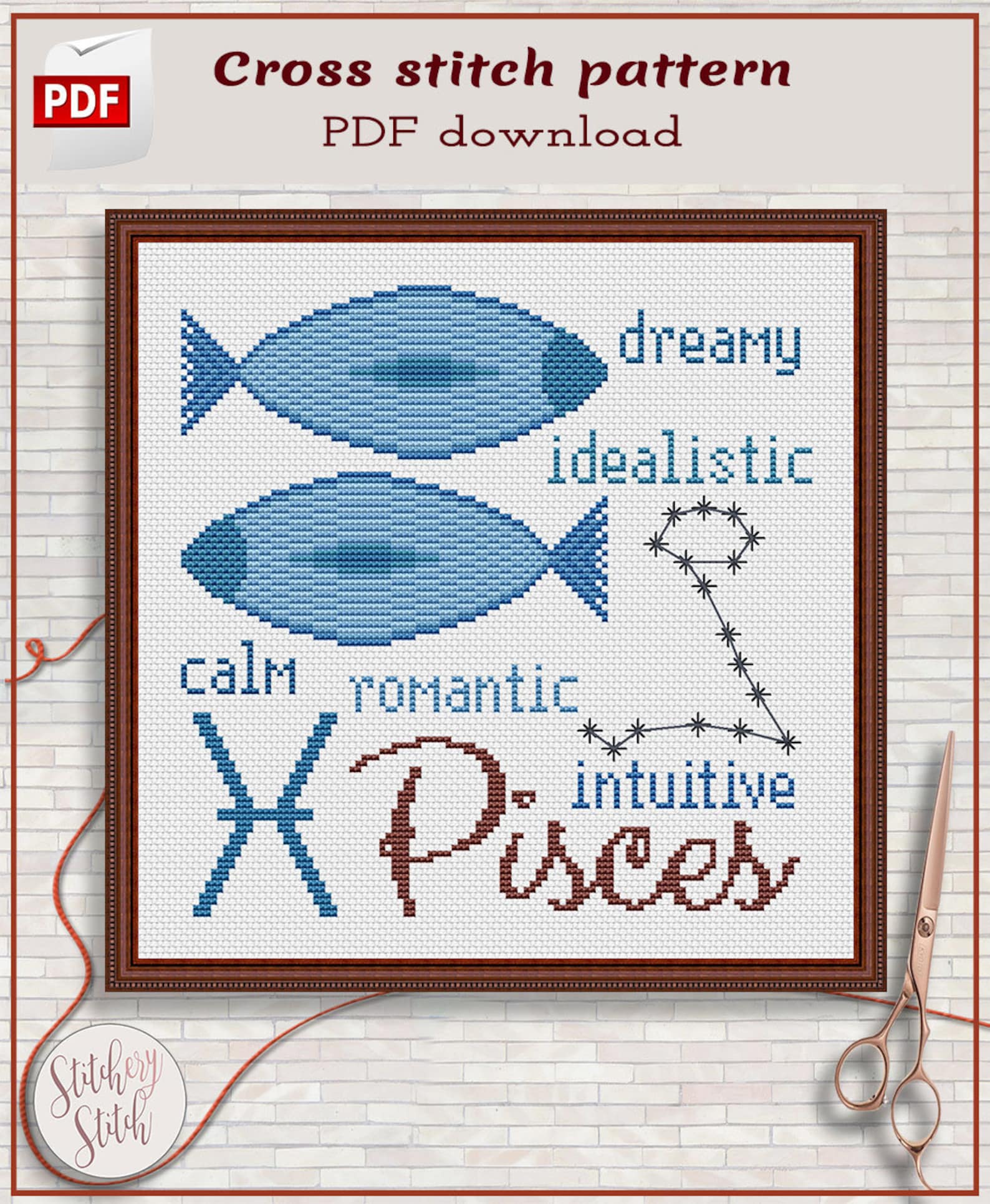 Pisces Cross Stitch Pattern PDF by Stitchery Stitch - 4 Palettes - Etsy