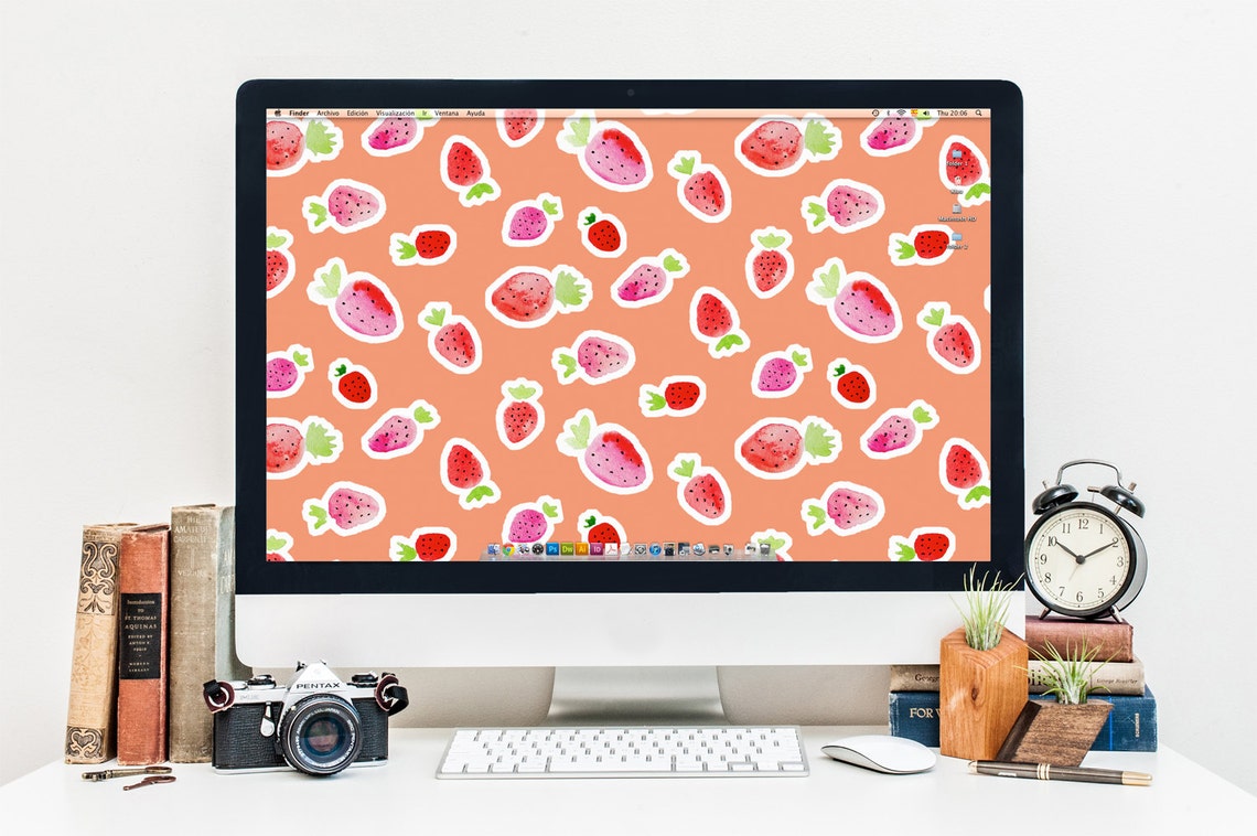Watercolor Strawberry Desktop Wallpaper - INSTANT DOWNLOAD - Zoom ...
